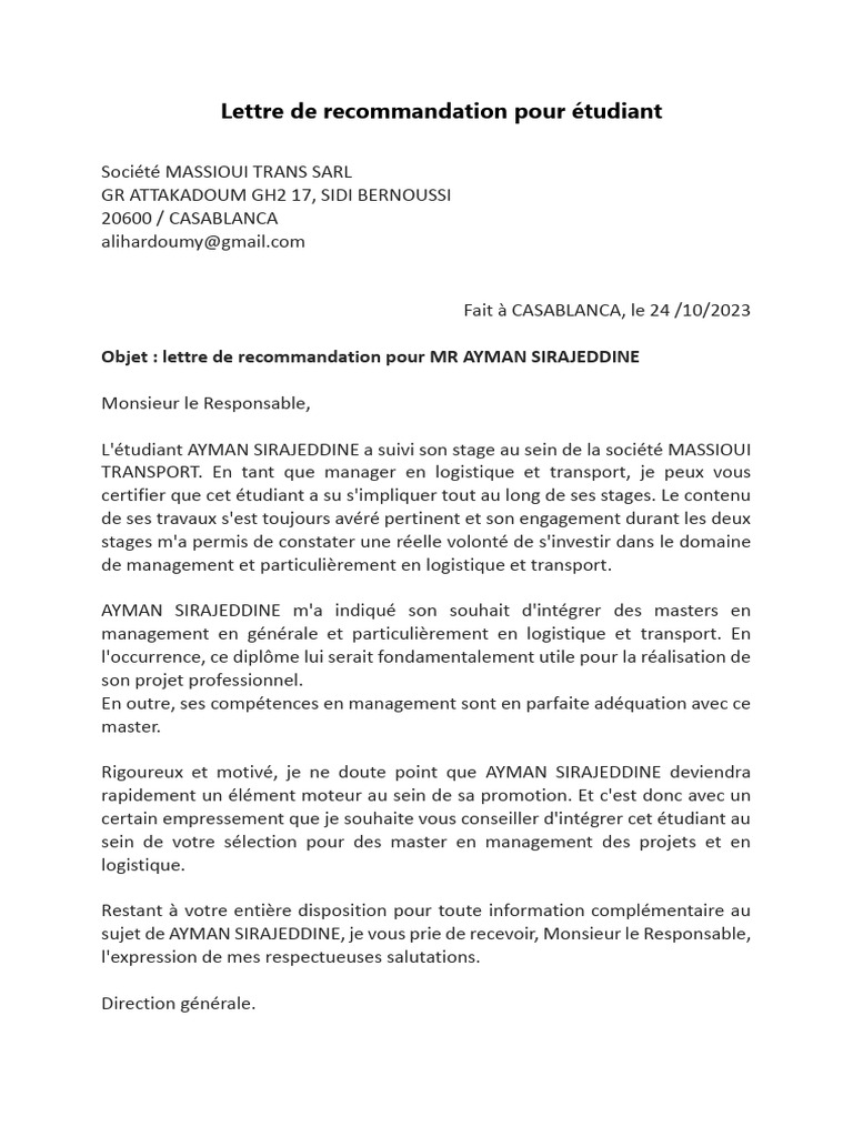 Lettre de Recommandation Pour Étudiant | PDF