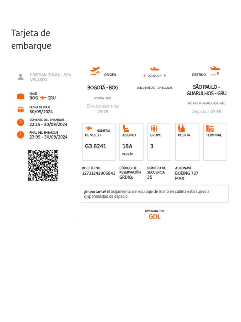 VoeGOL - Cartão de Embarque Bogota A Gru | PDF