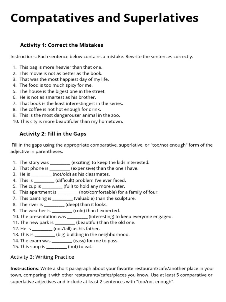 Comparatives and Superlatives Activities 1 + Too/enough/as..as | PDF