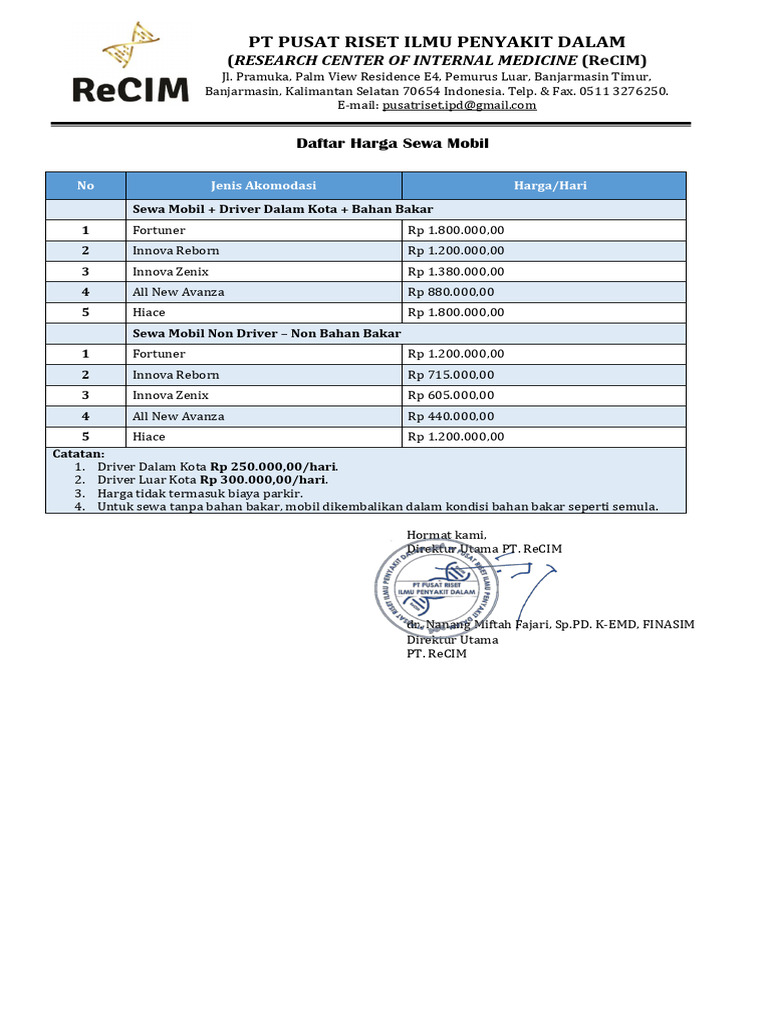 Daftar Harga Sewa Mobil | PDF