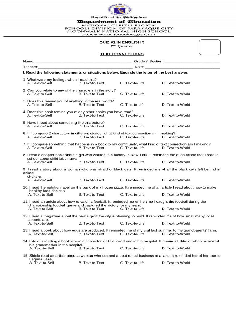 Eng9 - Quiz - Text Connections | PDF