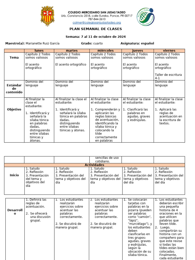 Planificación 7-11 de Octubre 2024 Cuarto Grado | PDF
