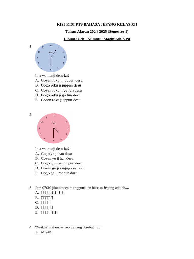 Kisi-Kisi PTS Bahasa Jepang Kelas 12 SMT 1 | PDF