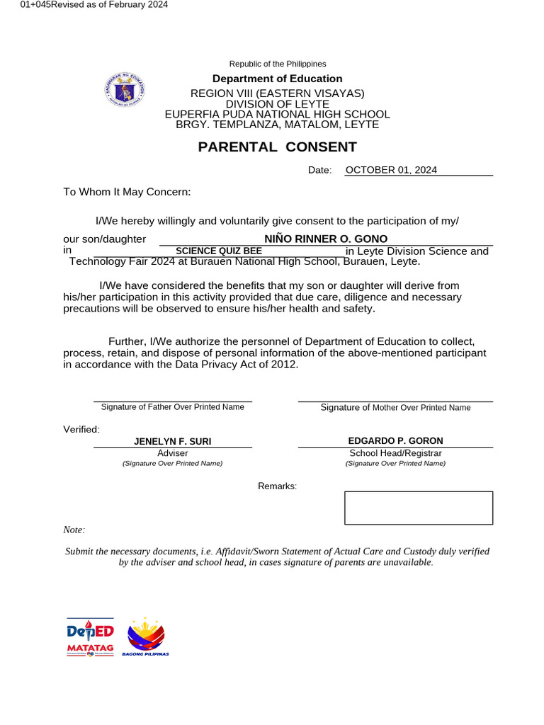 2024 - Parentalconsent | PDF