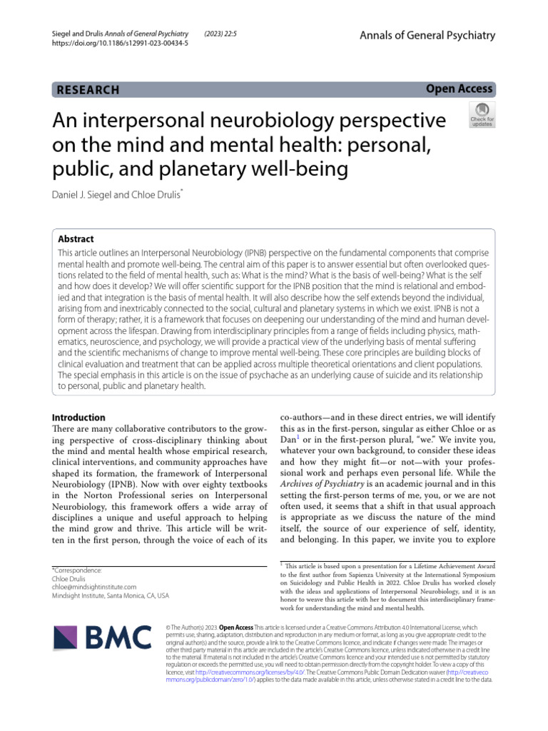 An interpersonal neurobiology perspective on the mind and mental health ...
