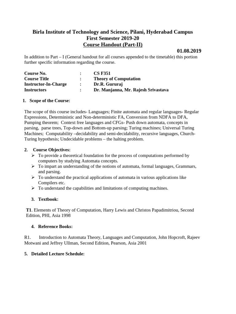 Cs f351 Theory of Computation - Handout | PDF
