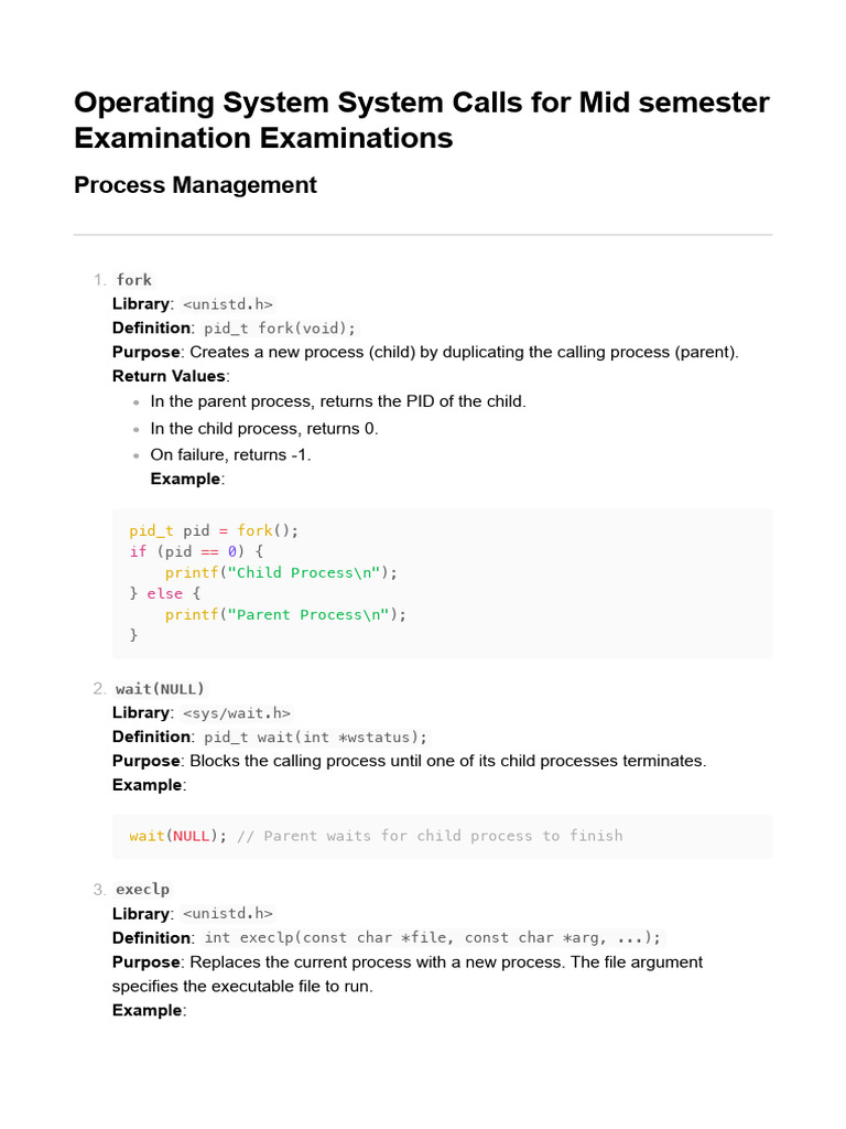 Operating System System Calls For Mid Semester Examination Examinations ...