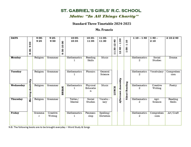 Standard Three Timetable 2024 - 2025 | PDF