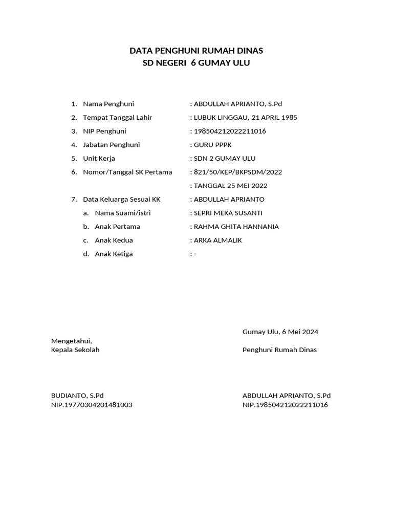 Data Penghuni Rumah Dinas | PDF