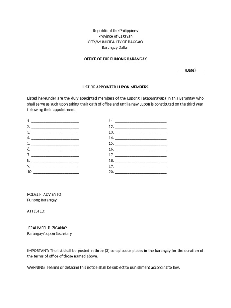 KP Form # 4 List of Appointed Lupon Members | PDF
