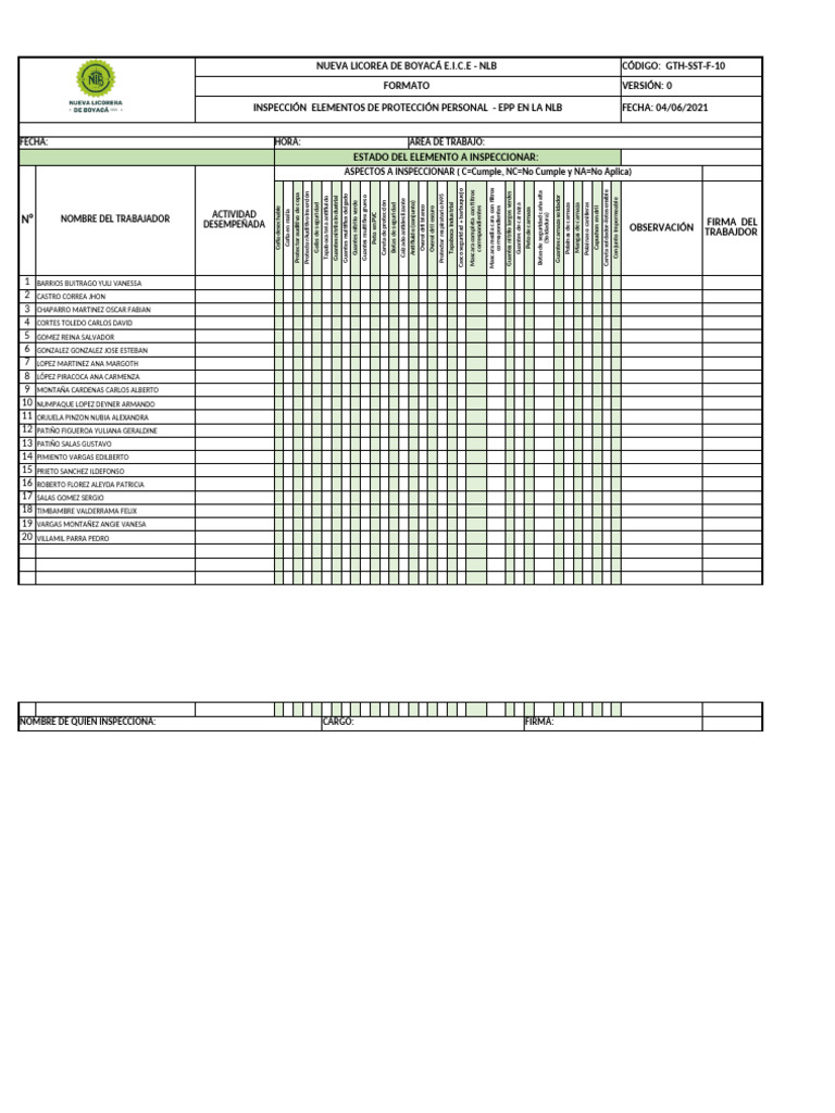 10. Formato Inspección de EPP - GTH-SST-F-10 | PDF 10. Formato Inspección de EPP - GTH-SST-F-10 | PDF
