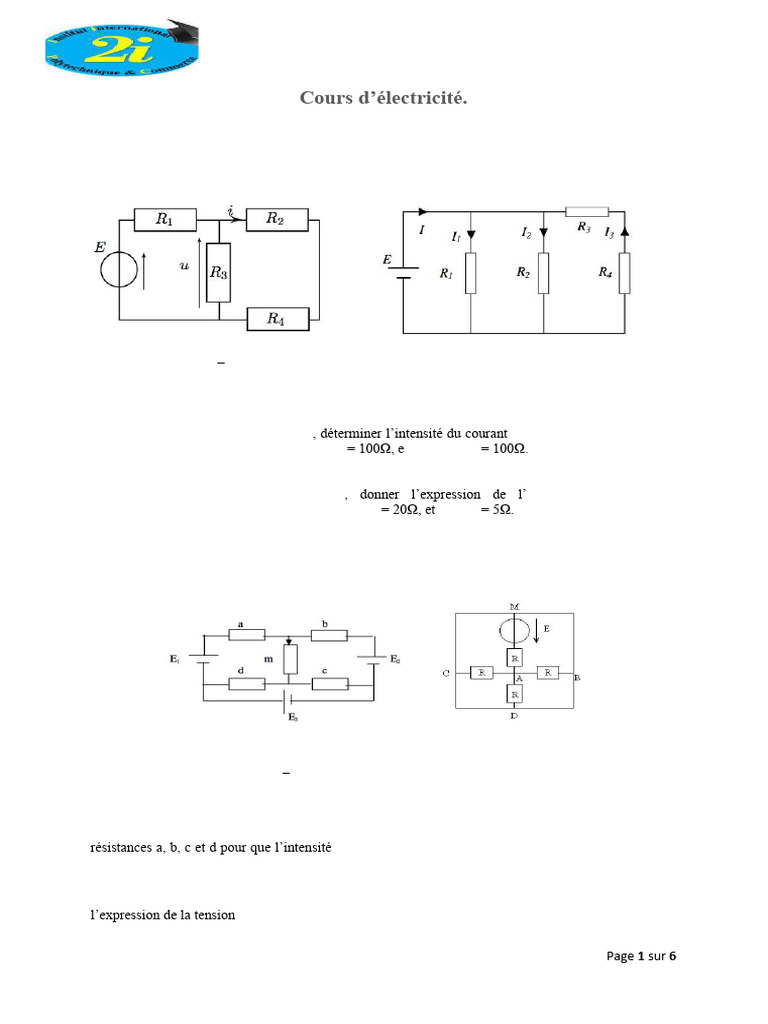 Cours d'électricité : exercices et théorèmes | PDF | Tension électrique ...