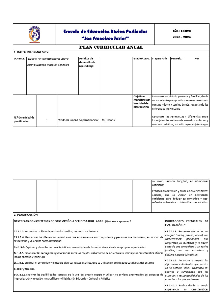 Plan Curricular Anual Primeros | PDF