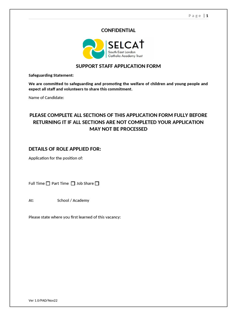 AFSS SELCAT Schools Application Form Support | PDF