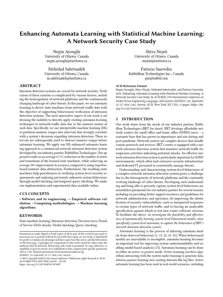 Enhancing Automata Learning With Statistical Machine Learning: A Network Security Case Study | PDF