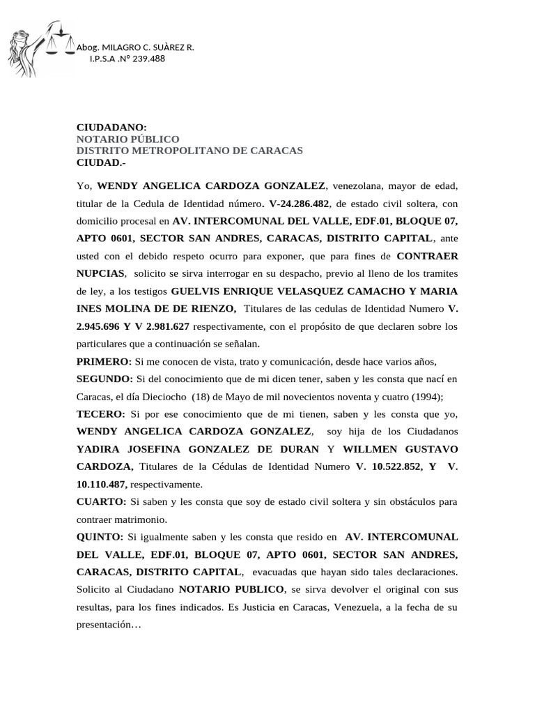 Carta de Solteria de Wendy Novia de Victor | PDF | Documento de identidad