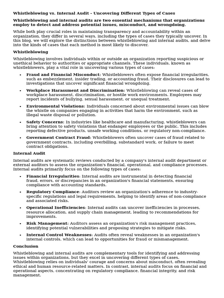 Whistleblowing vs. Internal Audit - Uncovering Different Types of Cases | PDF