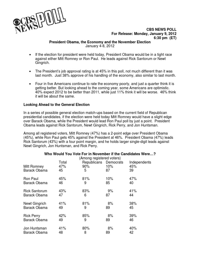 CBSNewsPoll 010912 Obama GOP | PDF | Republican Party (United States ...