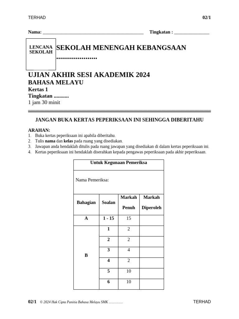 Contoh Muka Depan UASA 2024 | PDF