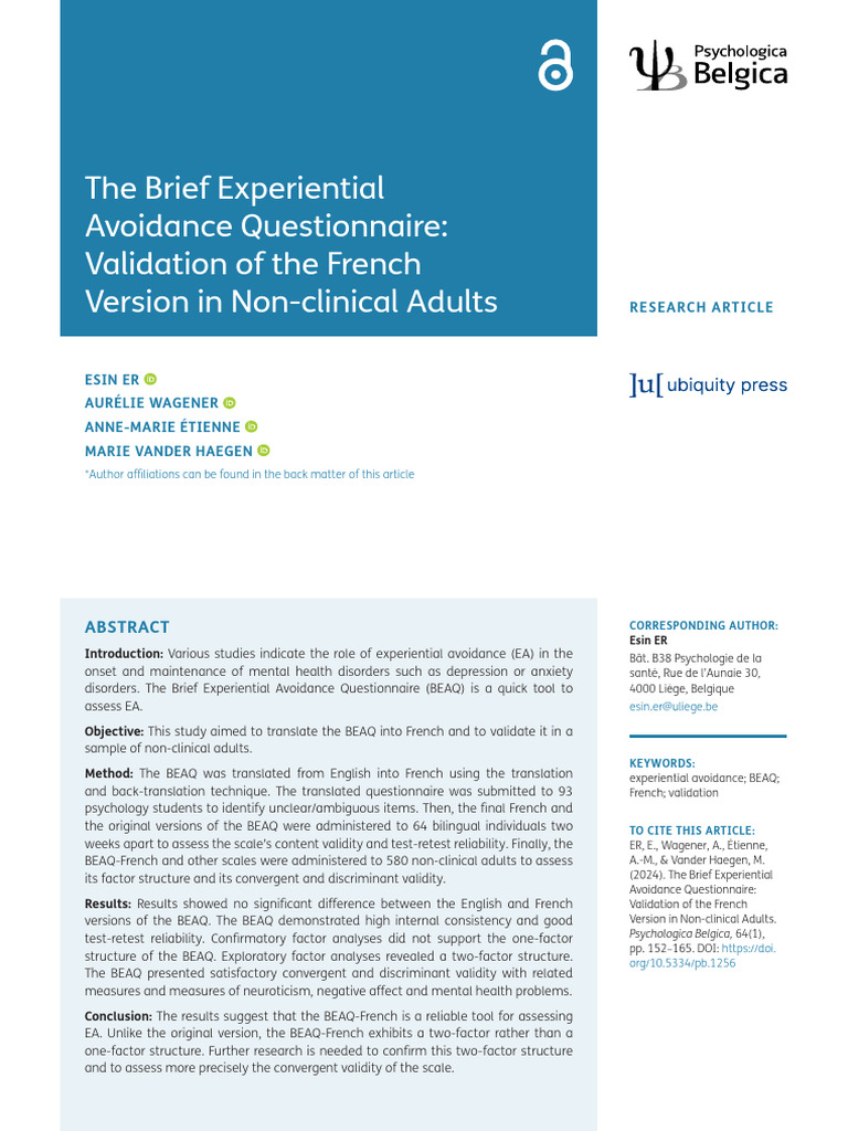 The Brief Experiential Avoidance Questionnaire Val | PDF
