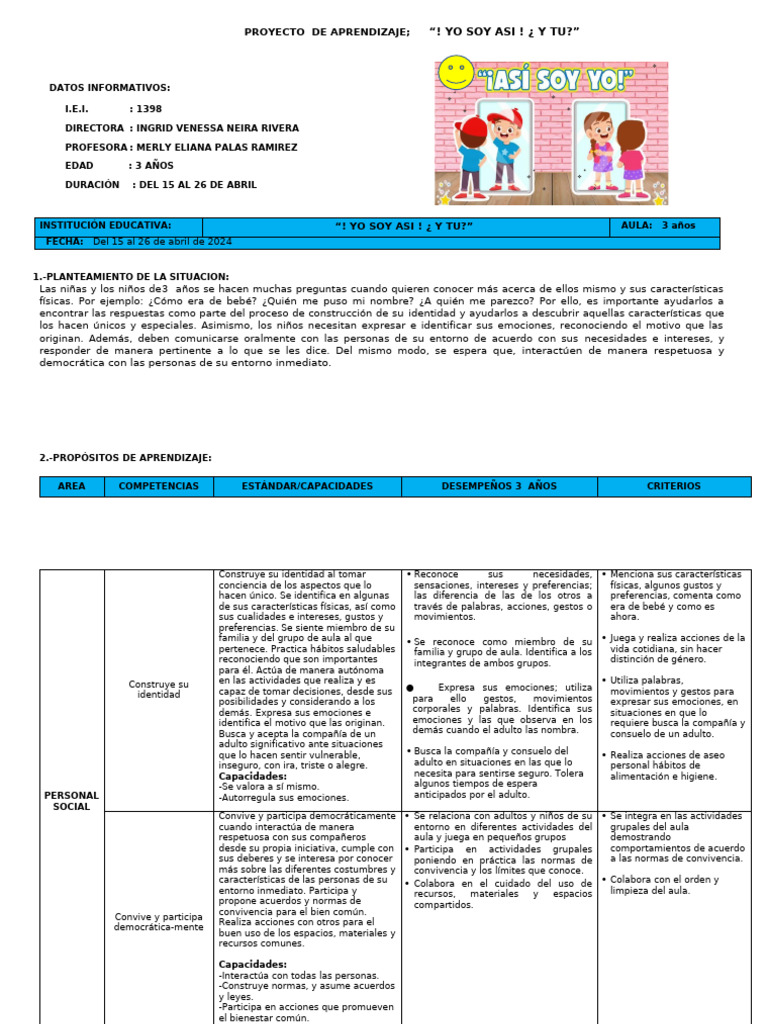 PROYECTO DE APRENDIZAJE YO SOY ASI | PDF