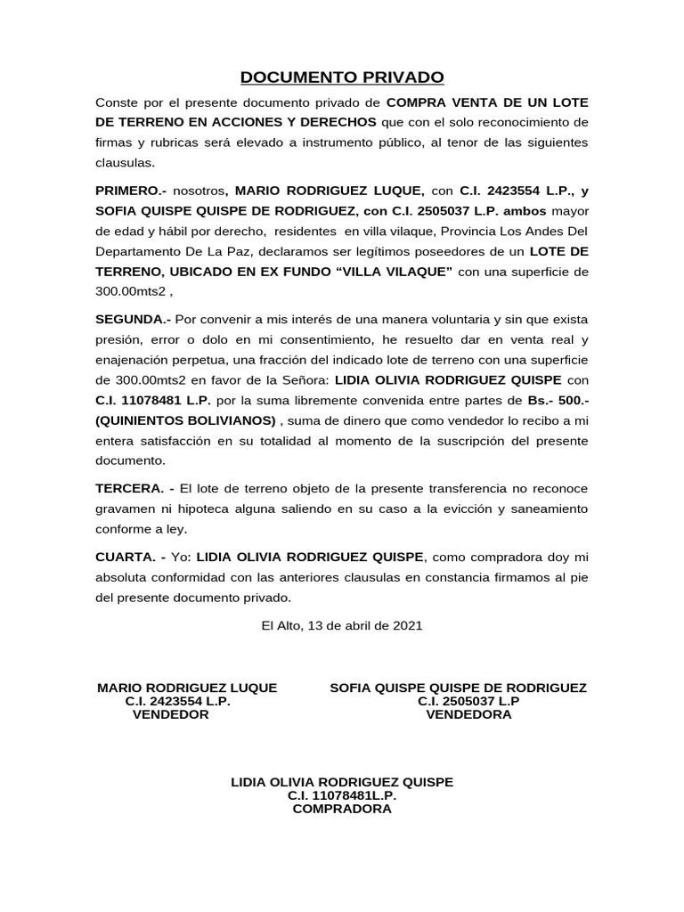 DOCUMENTO PRIVADO DE COMPRA Y VENTA DE UN LOTE DE TERRENO 30 de Diciembre | PDF