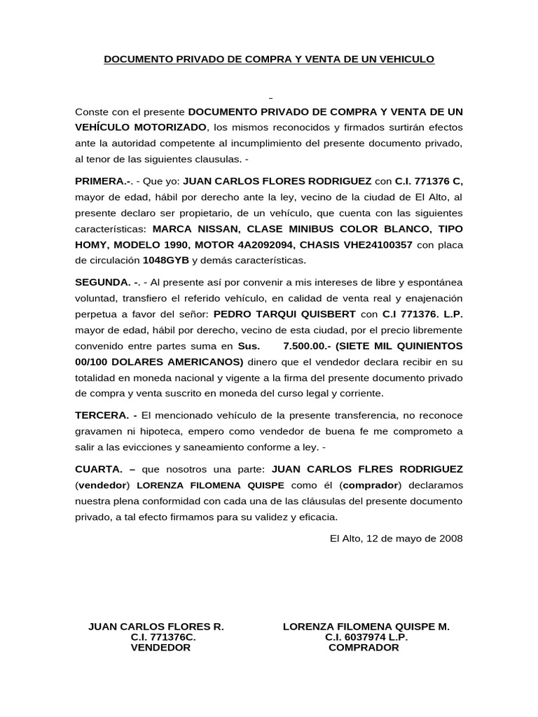 Documento Privado de Compra y Venta de Un Vehicul1 | PDF