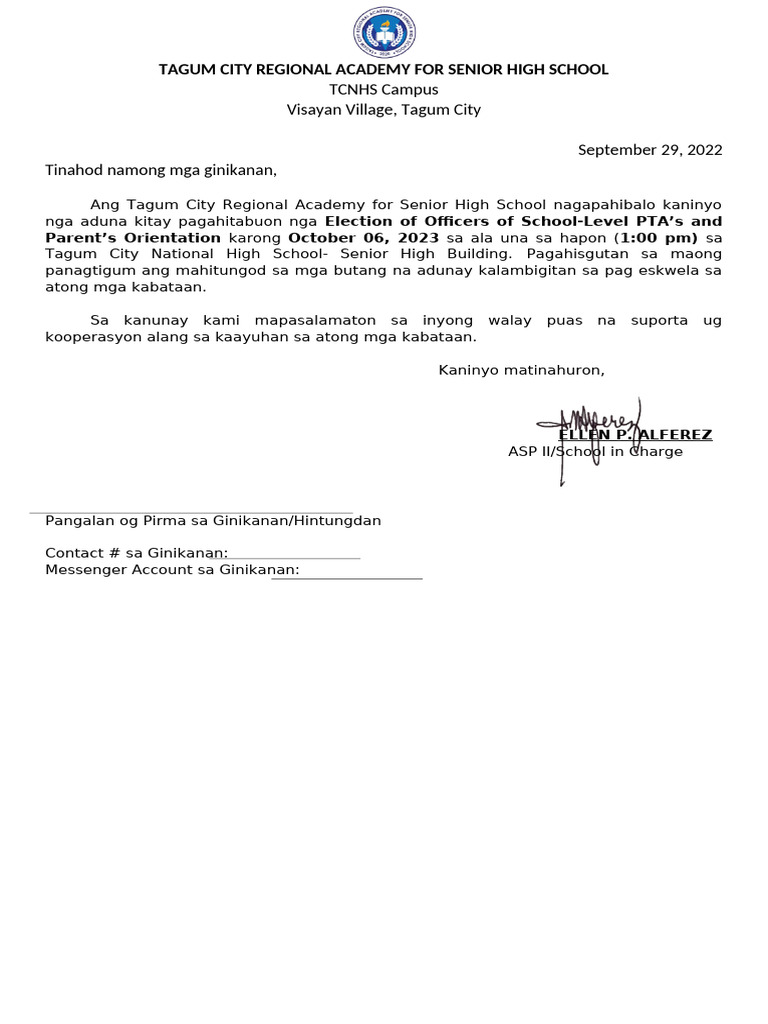 Election PTA & Parents Orientation Invitation To Parents | PDF