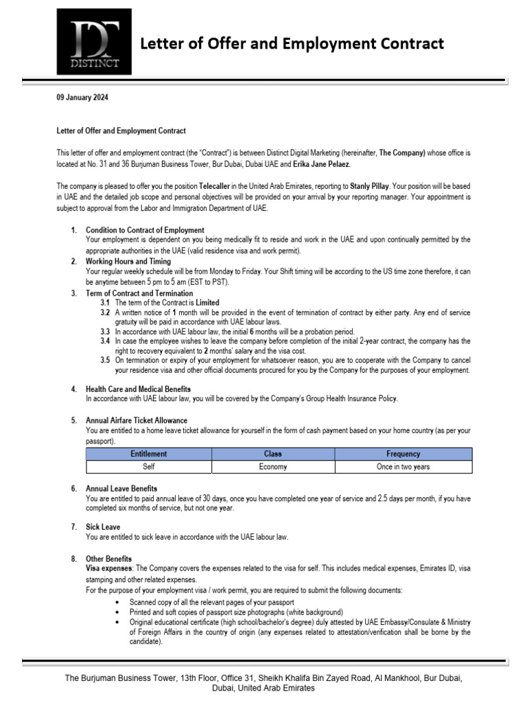 Offer Letter - Erika (Telecaller) | PDF