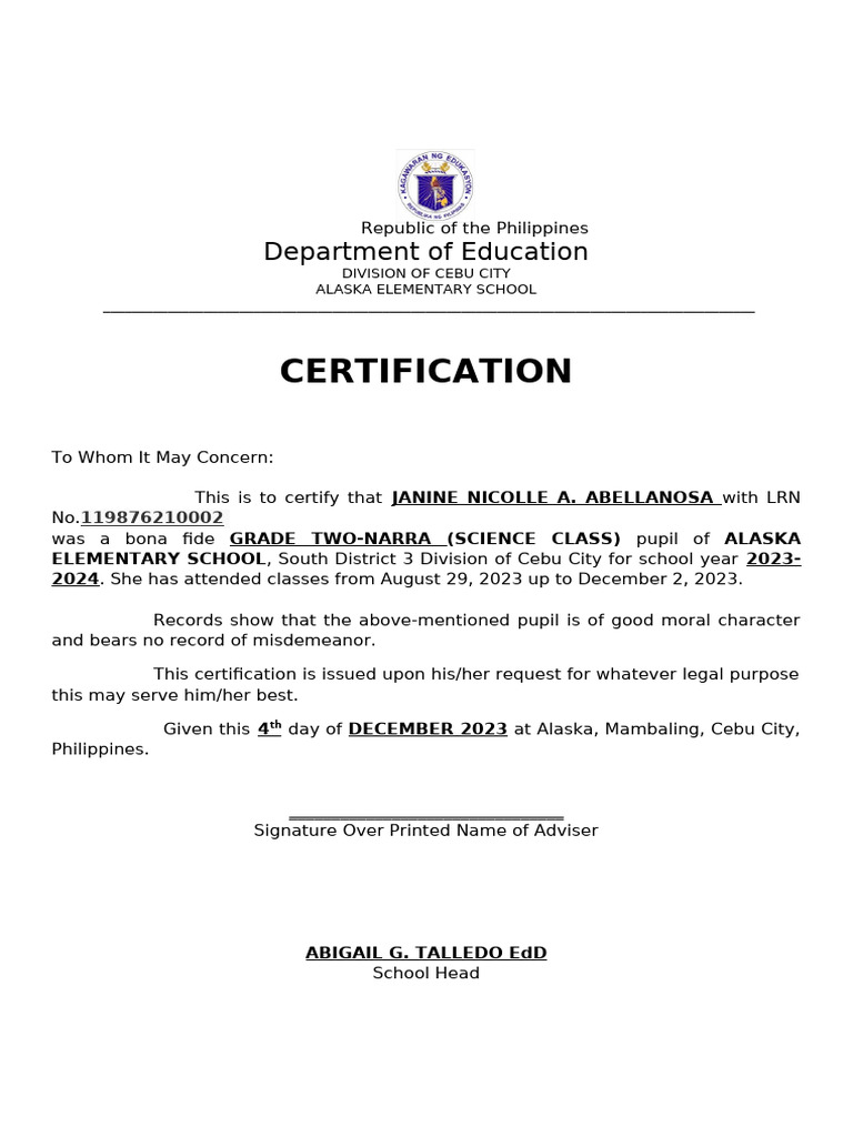 Certification Science-Class Student | PDF