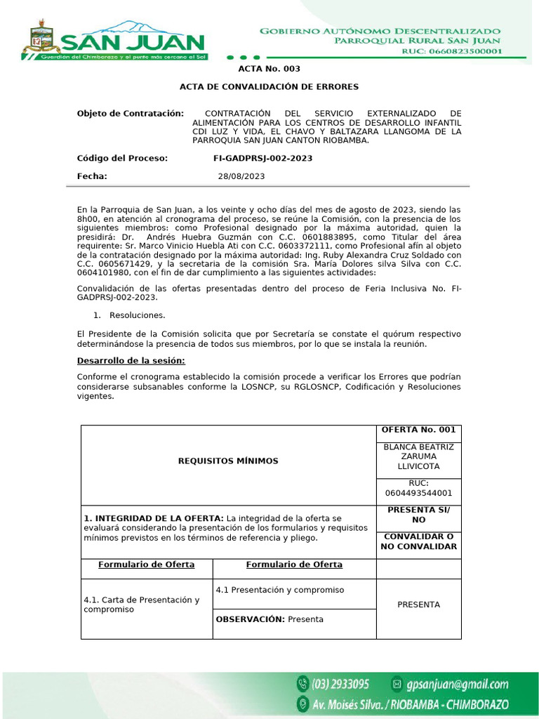 Acta Convalidacion de Errores 2023 Domingo | PDF