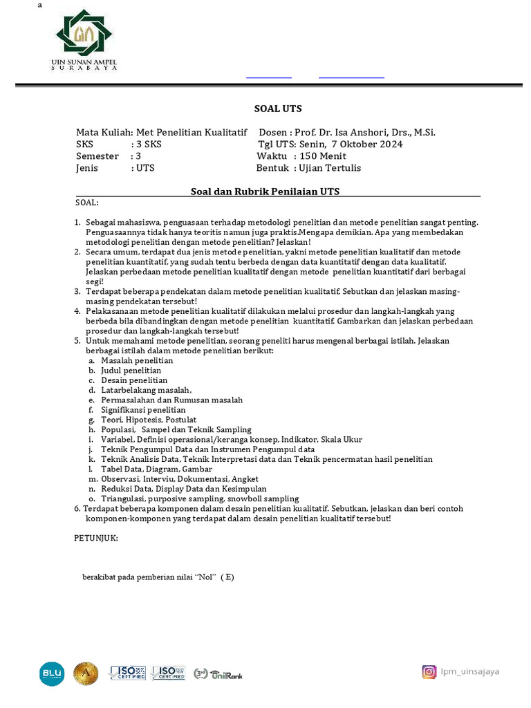 Soal UTS Metode Penelitian Kualitatif SMT Ganjil 2023-2024 | PDF
