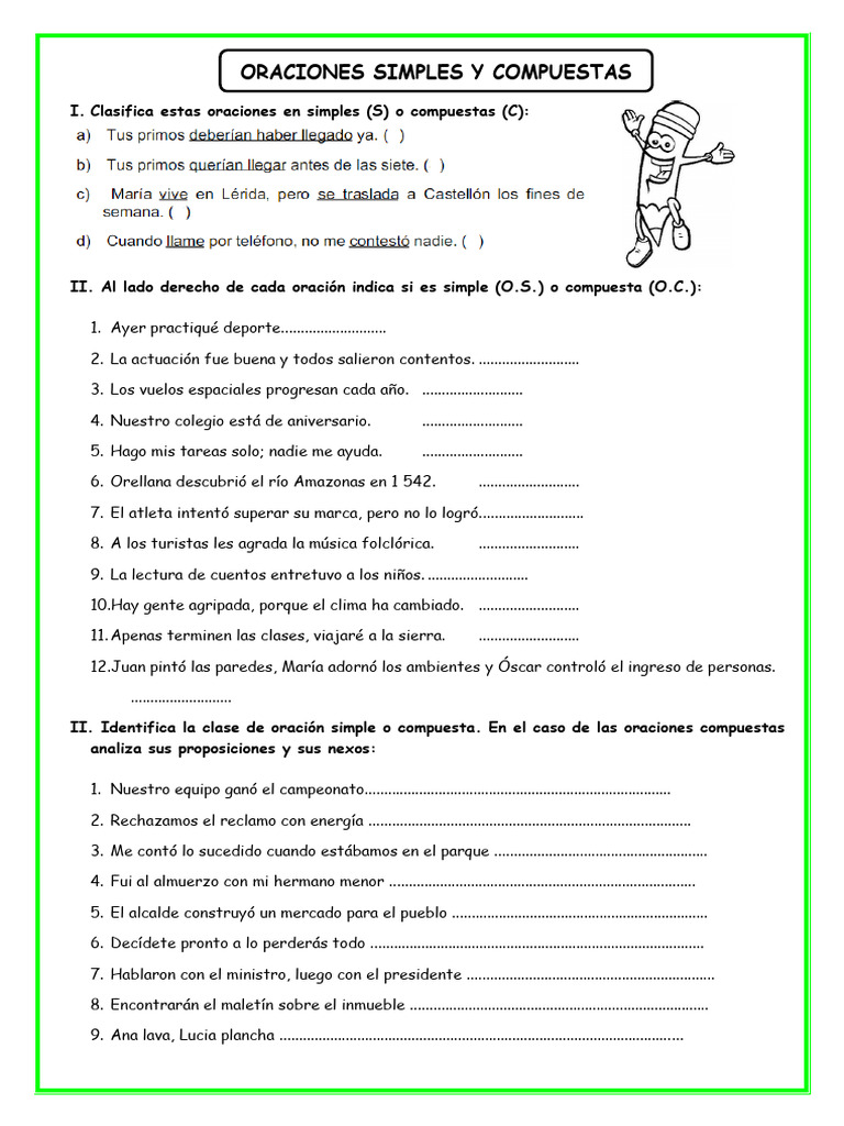 Ficha De Oraciones Simples Y Compuestas 100 Ejemplos De Oraciones