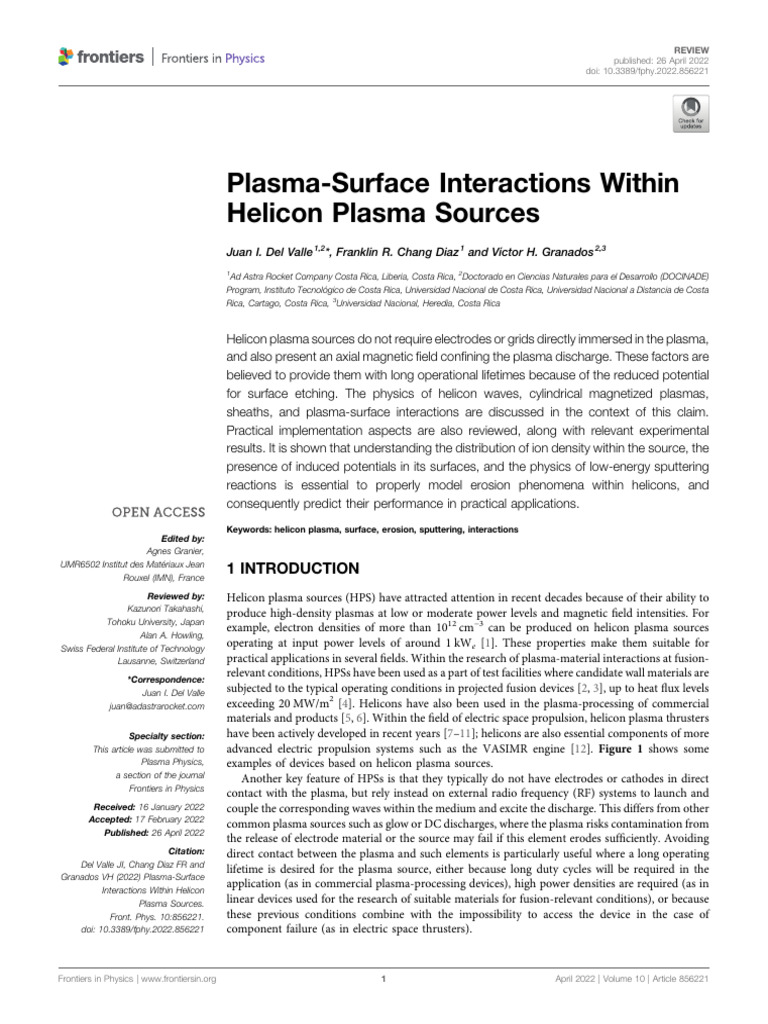 Delvalle22 - Plasma-Surface Interactions Within Helicon Plasma Sources | PDF