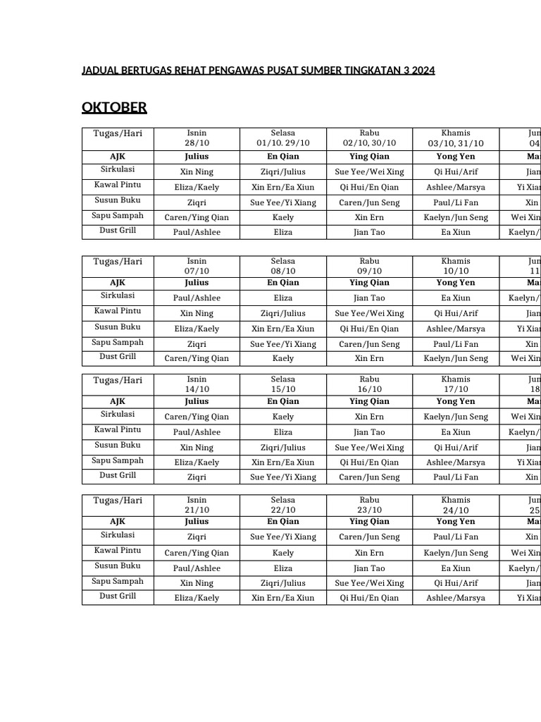 Jadual Rehat f3 Librarians 2024 (October) | PDF