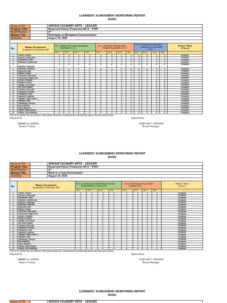 LEARNERS-achievement-monitoring-report-PESFA BPP NC II | PDF