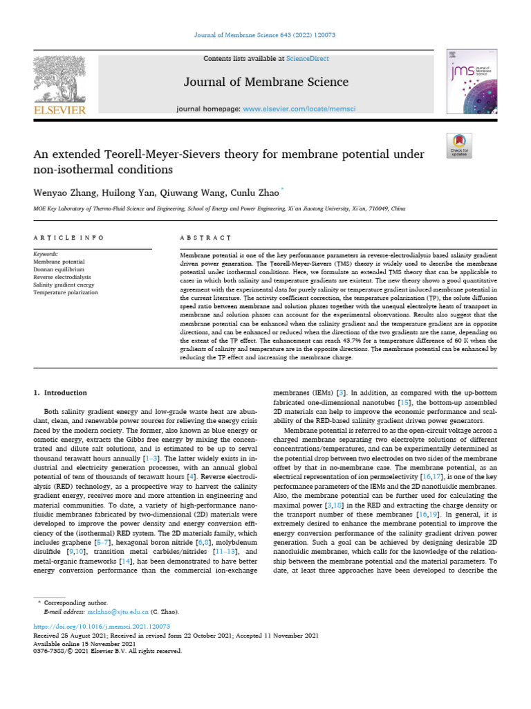An extended teorell meyer sievers theory for membrane potential under ...
