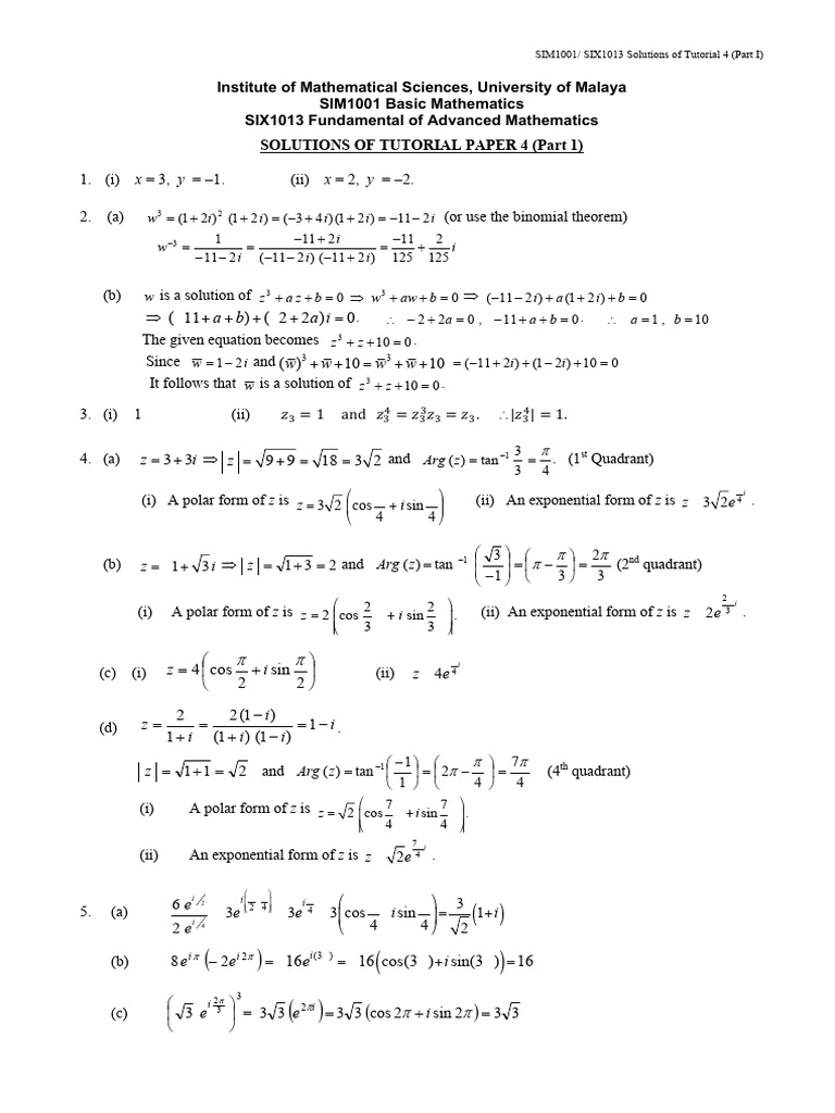 SIM1001_SIX1013 Part I Solution Tutorial 4 | PDF