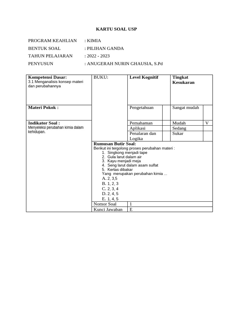 Kartu Soal Kimia Usp 2023 | PDF