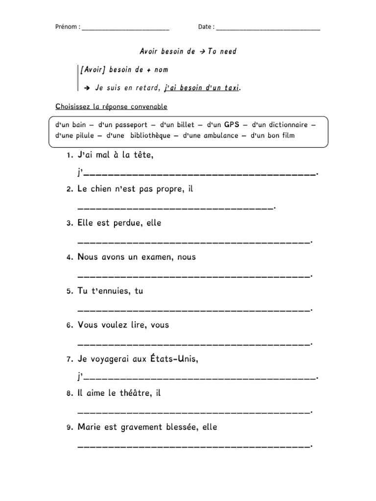 Exercises - Avoir Besoin de | PDF