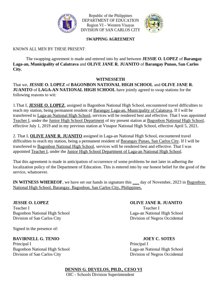 Letter Request To Transfer, Swapping Agreement & Endorsement | PDF