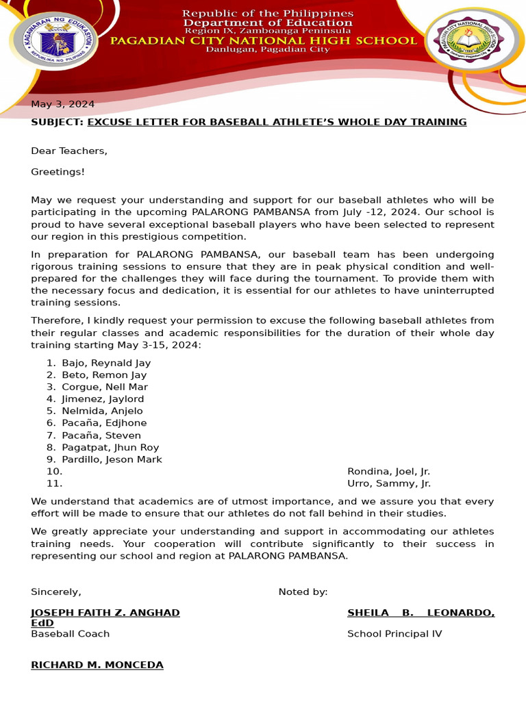 Excuse Letter For Whole Day Training | PDF