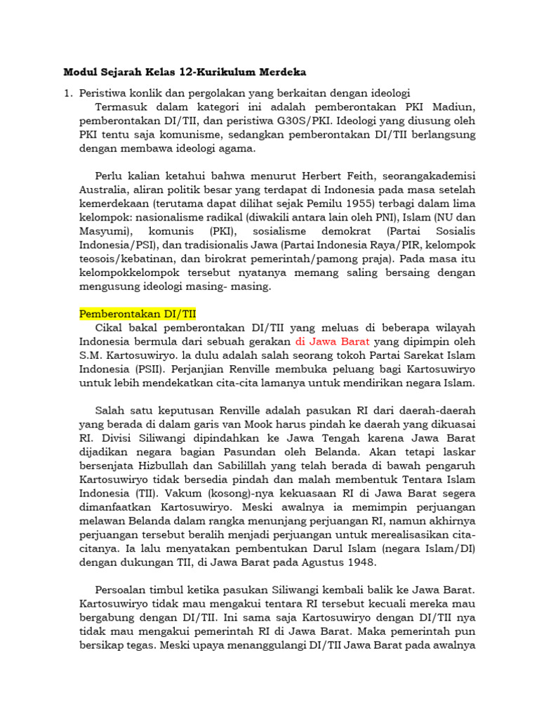 Modul Sejarah Kelas 12-Kurmer Khusus Materi DI - TII | PDF