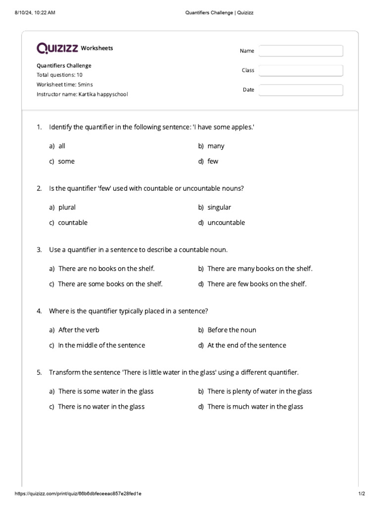 Quantifiers Challenge - Quizizz | PDF