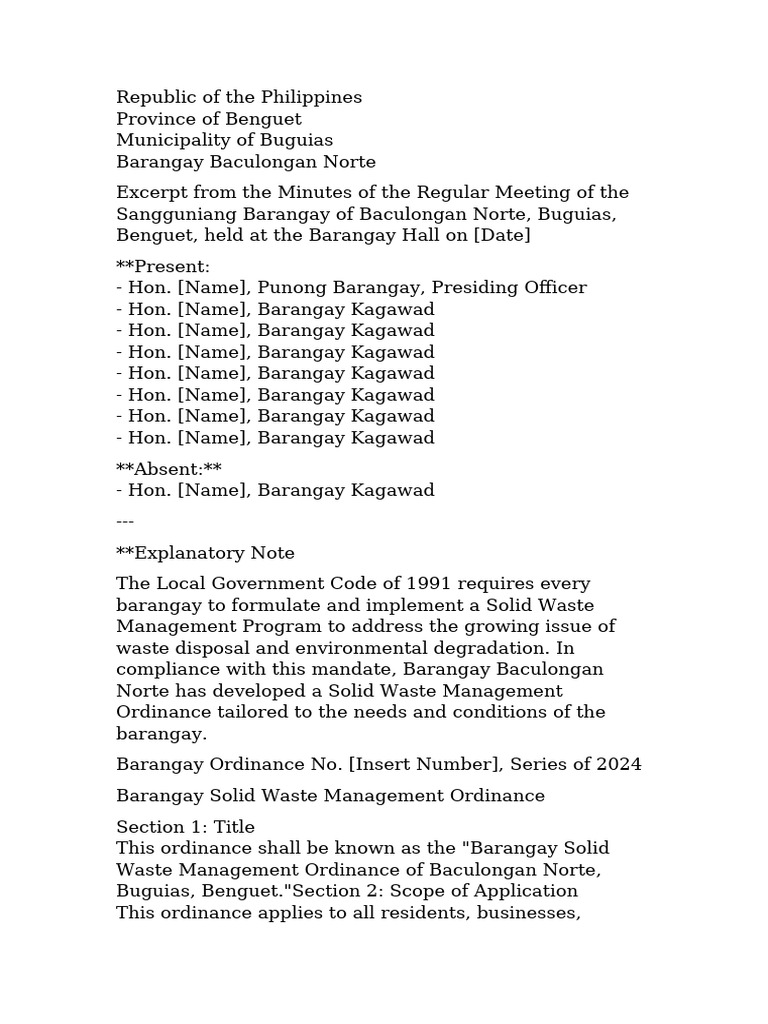 Brgy. Ordinance (Solid Waste Management) | PDF