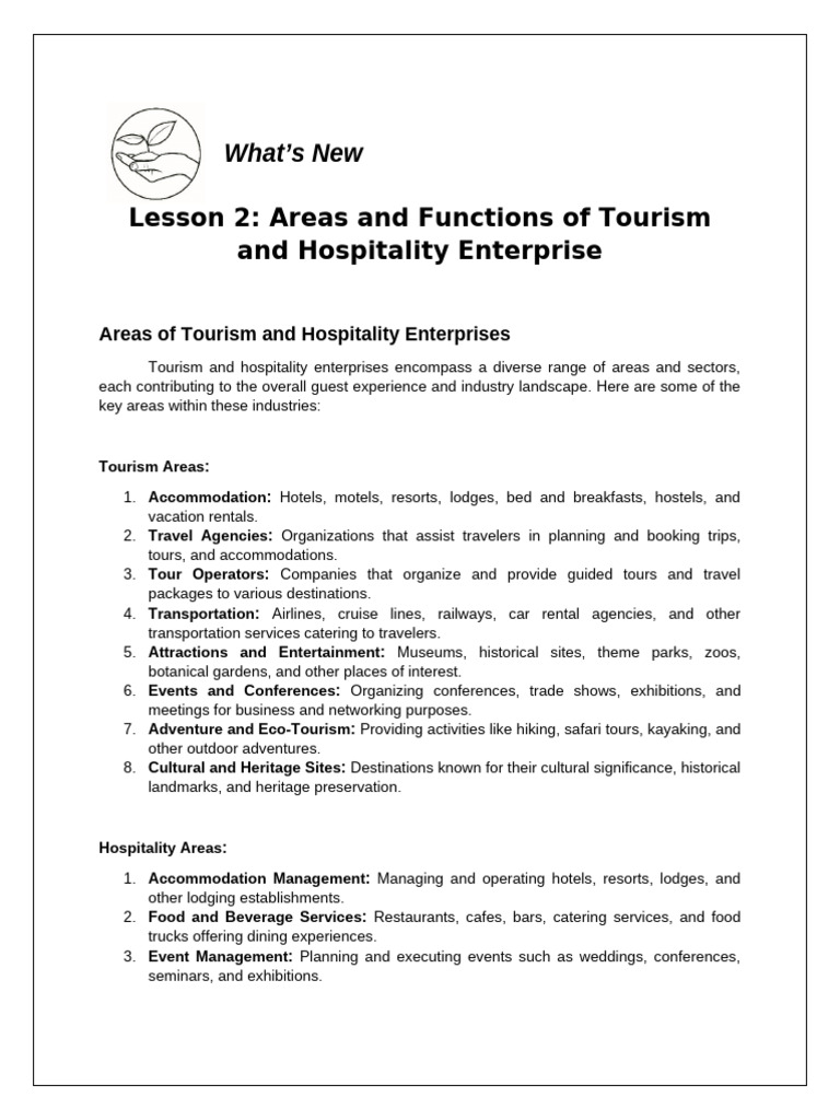 Lesson 2 Areas and Functions of Tourism and Hospitality Enterprise | PDF