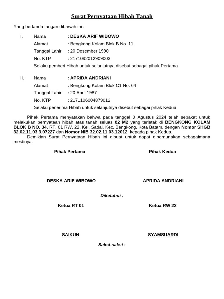 Surat Pernyataan Hibah Tanah | PDF