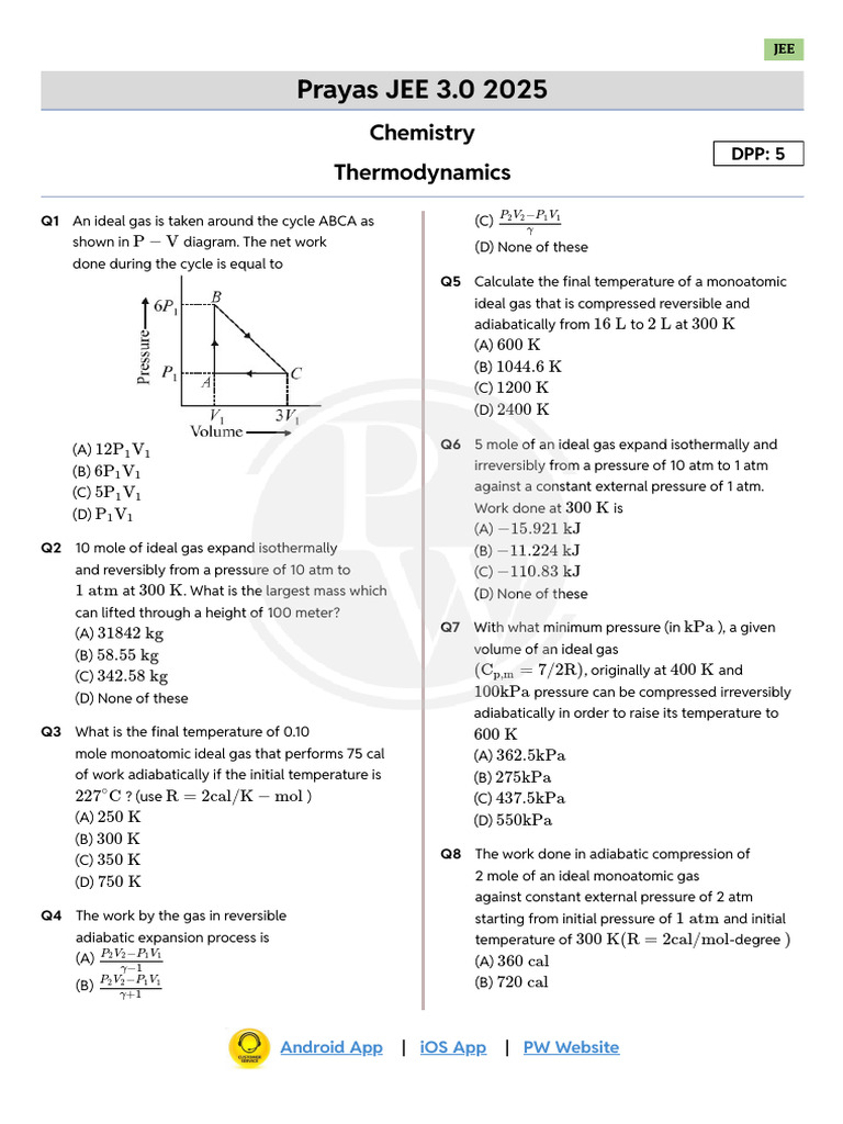 Thermodynamics DPP 05 (Of Lec 06) Prayas JEE 3.0 2025 | PDF