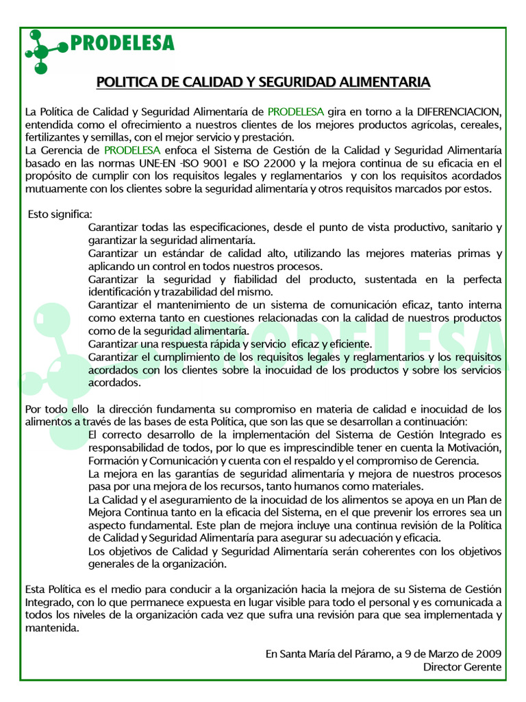 Politica de Calidad e Inocuidad | PDF