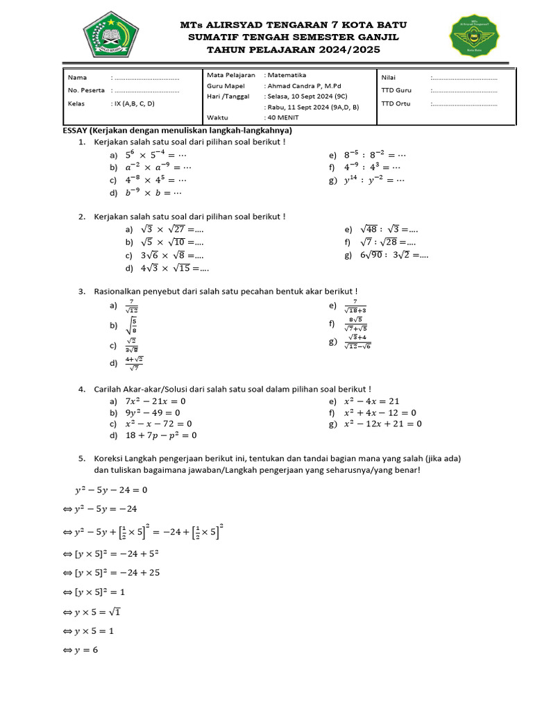 STS Ganjil Matematika Kelas 9 | PDF